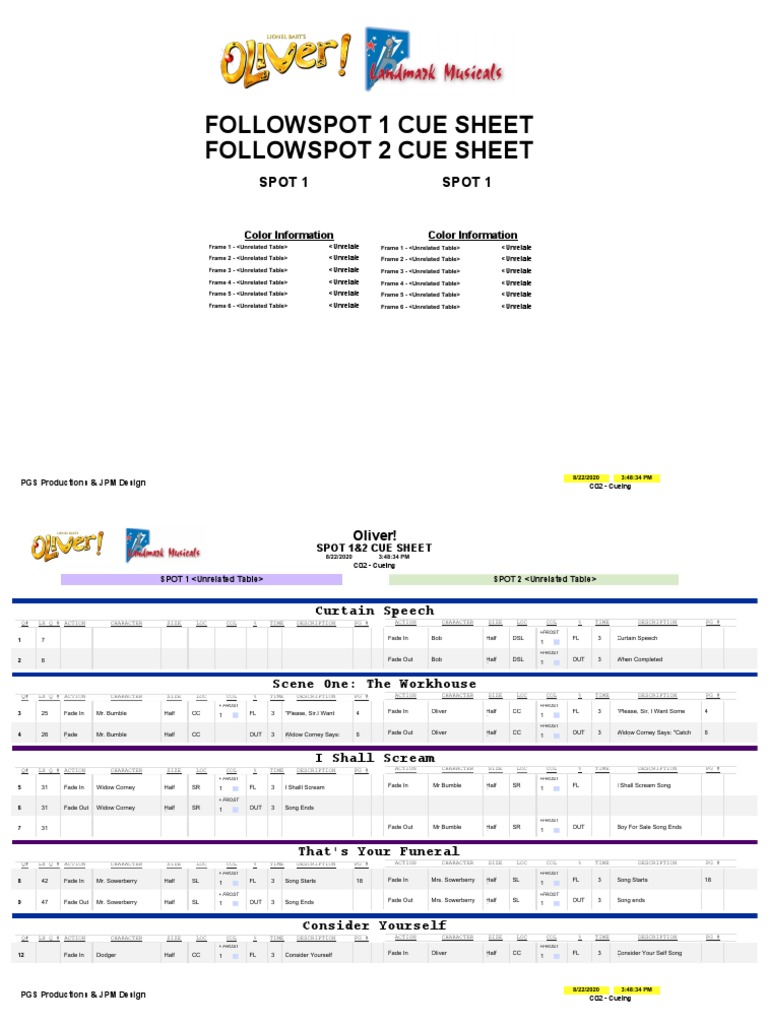 Spot 1&2 Master Cue Sheet - Oliver! - C02 - Cueing PDF | PDF