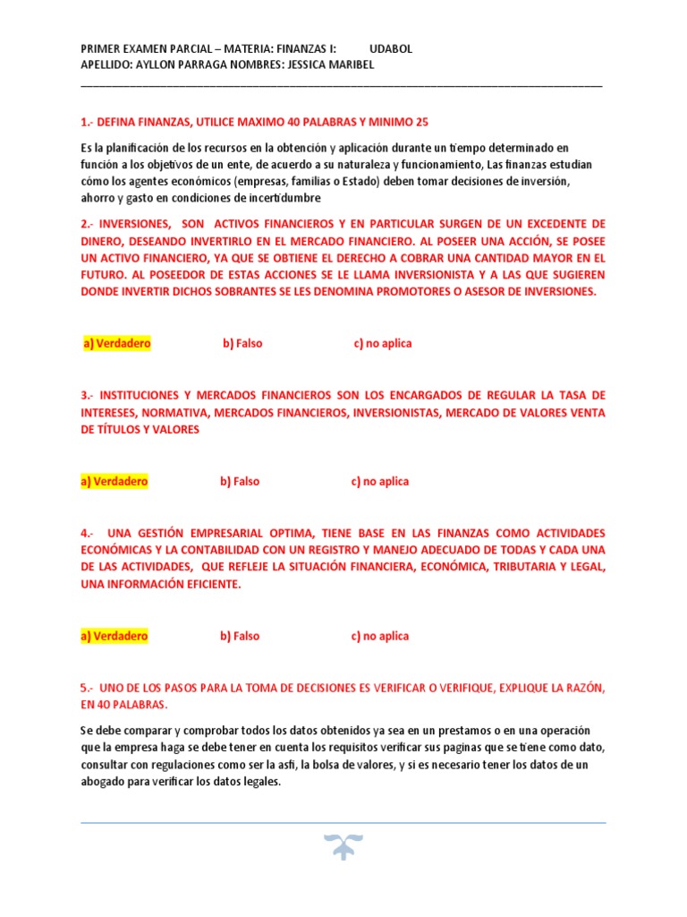 Examen Finanzas I 1er Parcial | PDF | Dinero | Economias