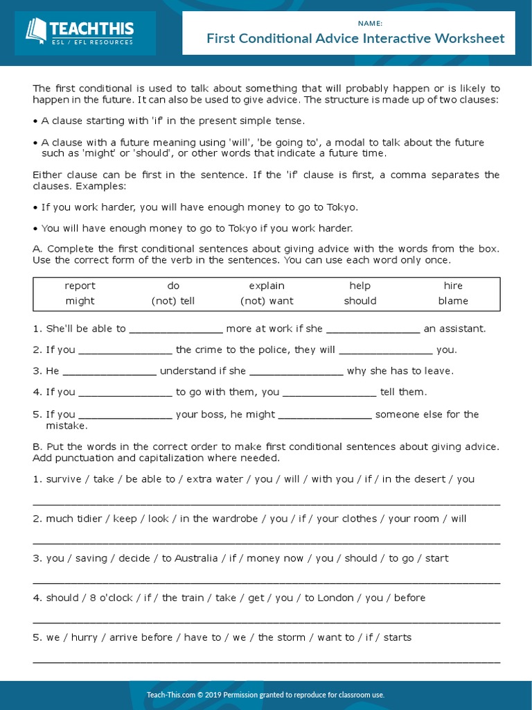 First Conditional Advice Interactive Worksheet | Download Free PDF ...