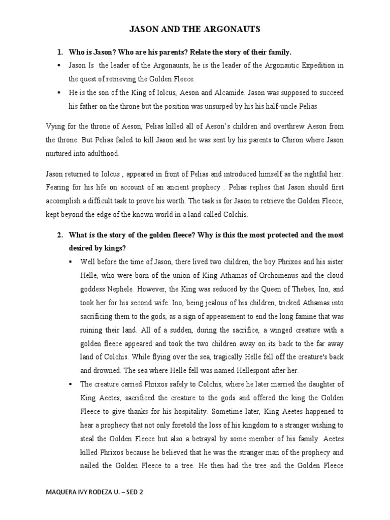 Jason and The Argonauts: 1. Who Is Jason? Who Are His Parents? Relate ...