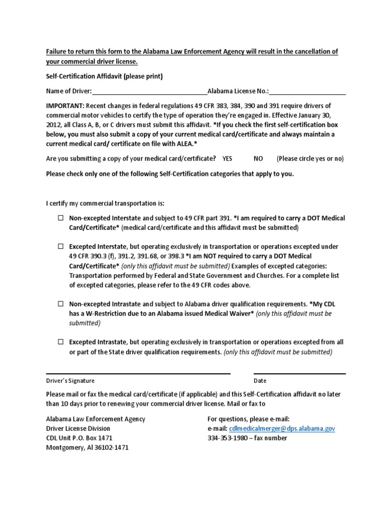 CDL Self Certification Affidavit | PDF | Government | Transport
