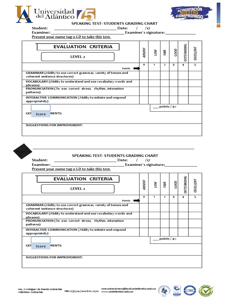 Students Grading Chart 2 - Speaking | PDF | Grammar | Symbols