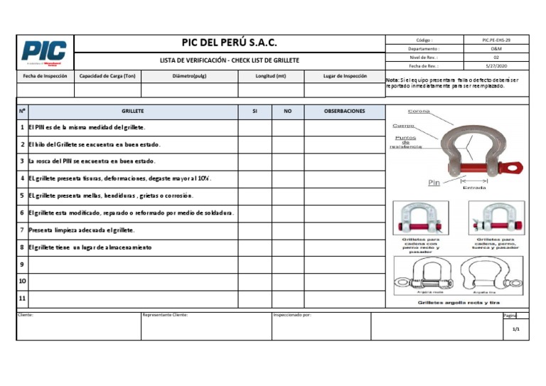PIC - PE-EHS-29 - Check List Grillete - Rev00 | Descargar gratis PDF ...