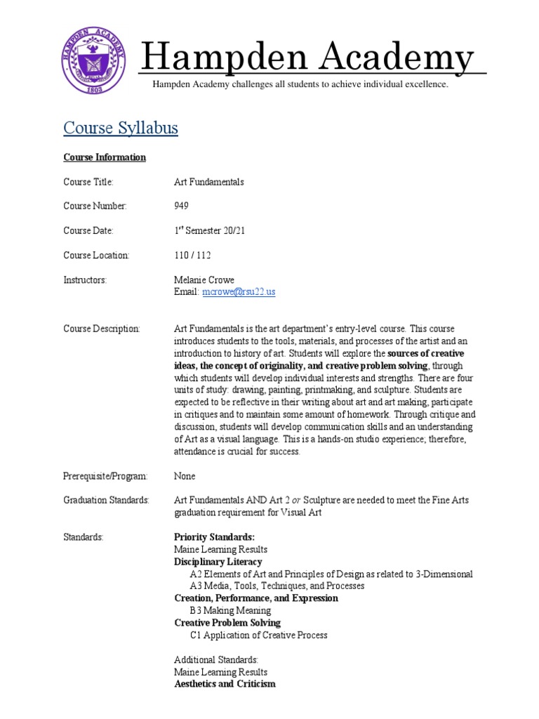 Art Fundamentals Course Syllabus | PDF | Rubric (Academic) | Creativity