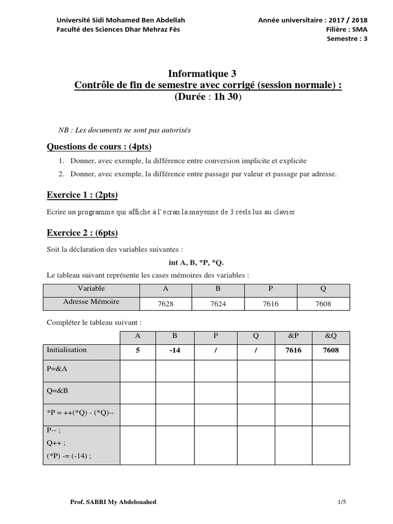 Informatique 3 Contrôle de Fin de Semestre Avec Corrigé (Session Normale) : (Durée: 1h 30) | PDF ...