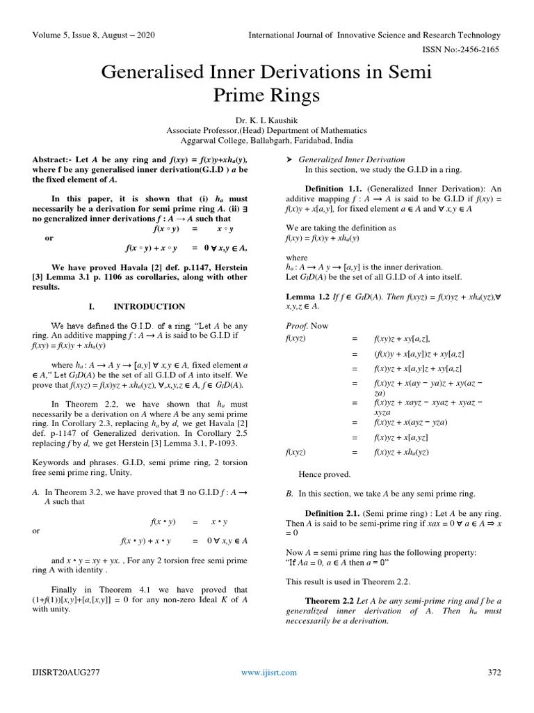 Generalised Inner Derivations in Semi Prime Rings | PDF | Ring (Mathematics) | Theorem