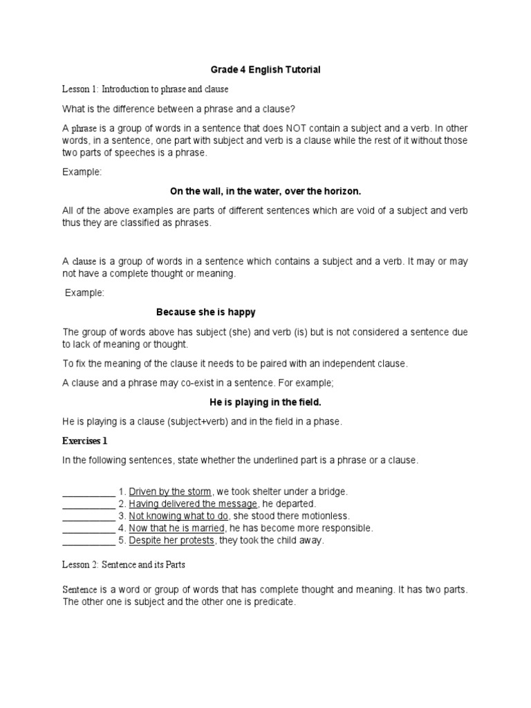 Grade 4 English Tutorial | PDF | Clause | Sentence (Linguistics)