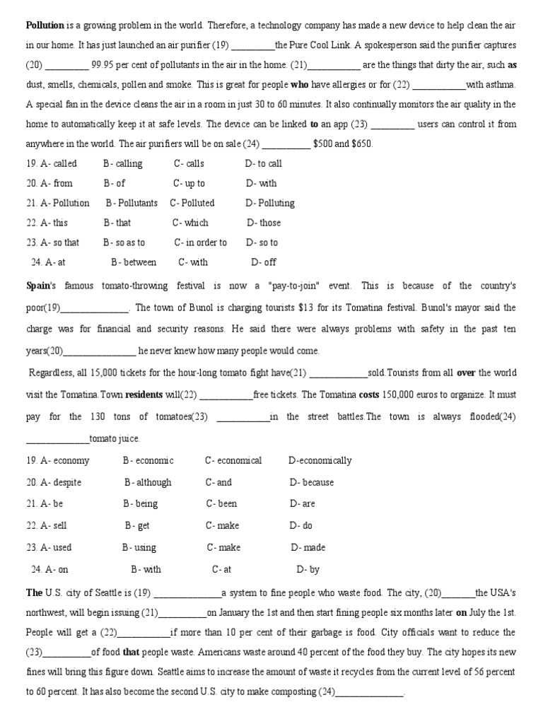 Cloze Test 1 E9 | PDF | Christmas | Air Pollution