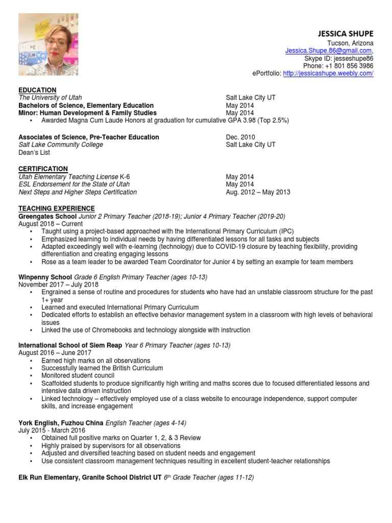 Jessica Shupe - CV - Resume Aug 2020 | PDF | Teachers | Classroom
