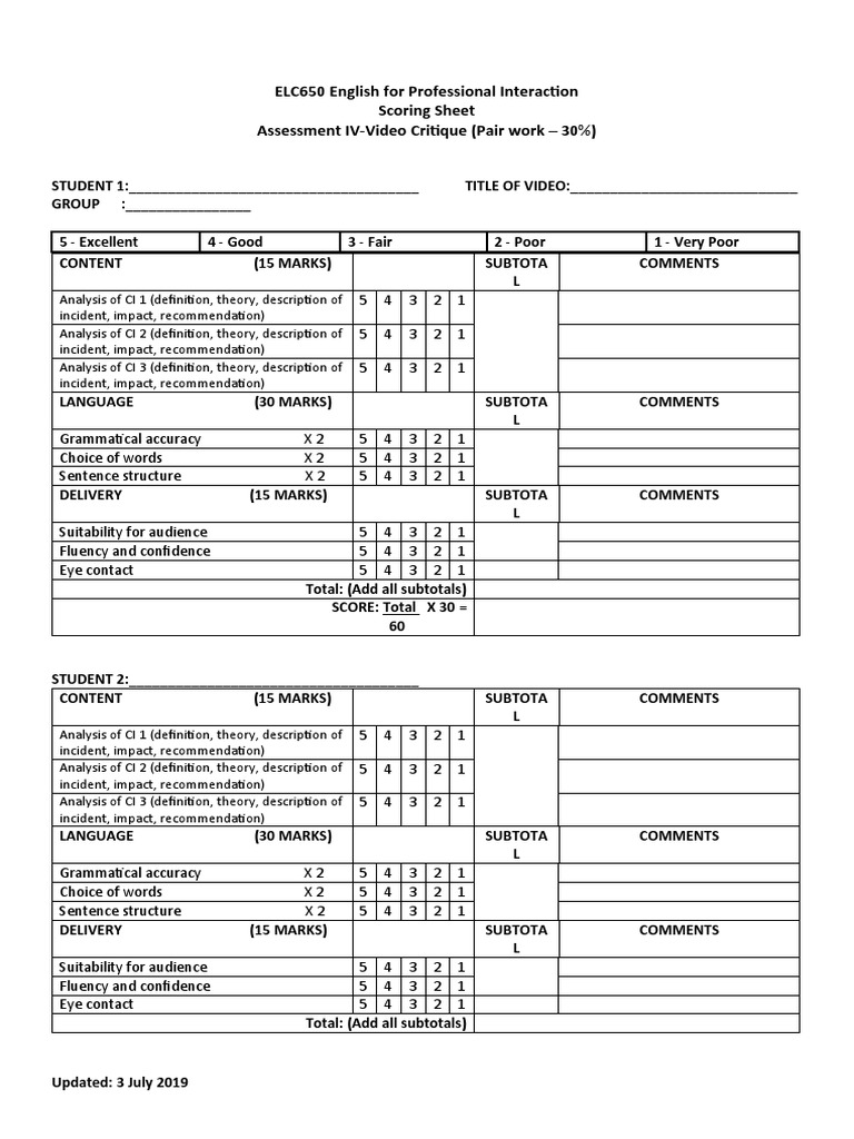 ELC650 English For Professional Interaction Scoring Sheet Assessment IV ...