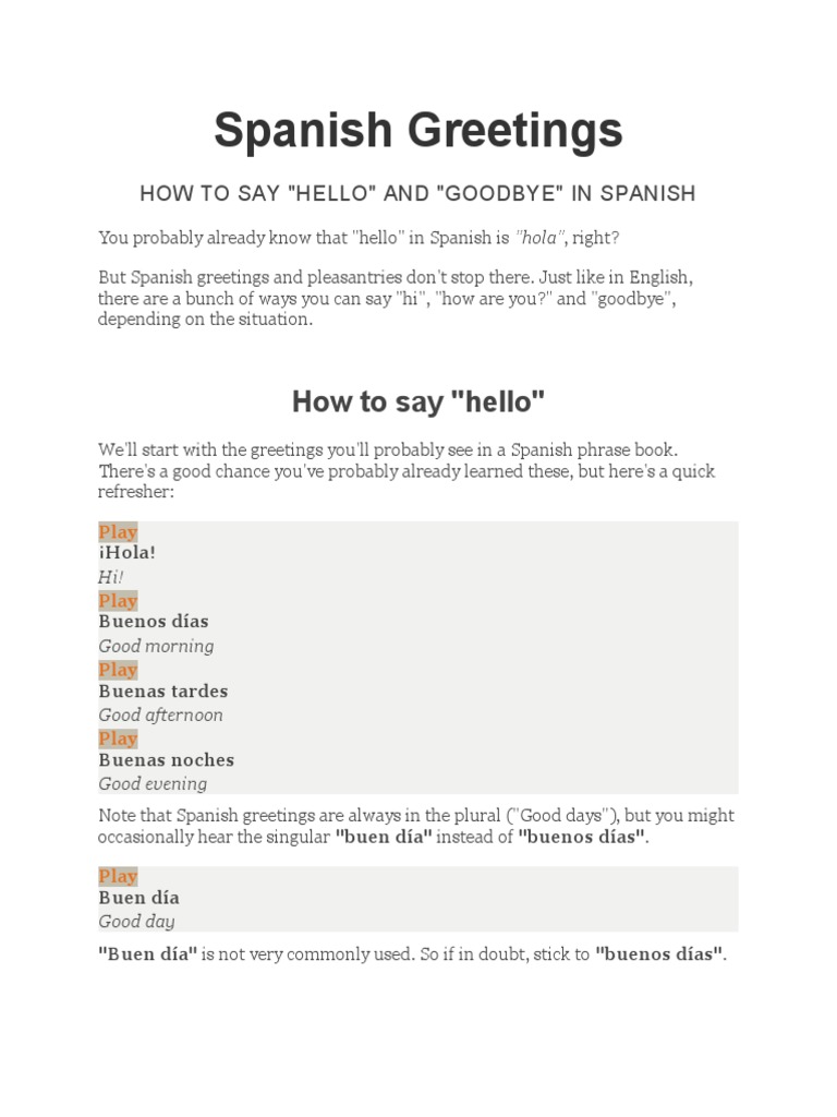 Spanish Greetings | PDF | Grammatical Gender | Grammatical Number