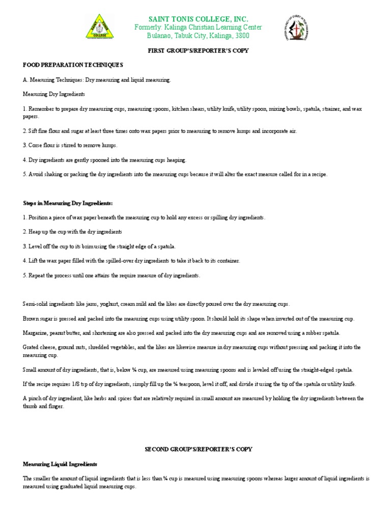 Lesson 5 FOOD PREPARATION TECHNIQUES | PDF | Spoon | Butter