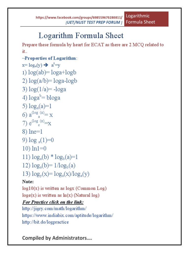 Logarithm Formula Sheet