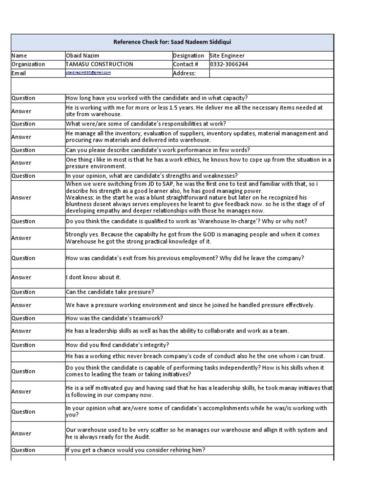 Reference Check Form | PDF | Cognition | Behavior Modification