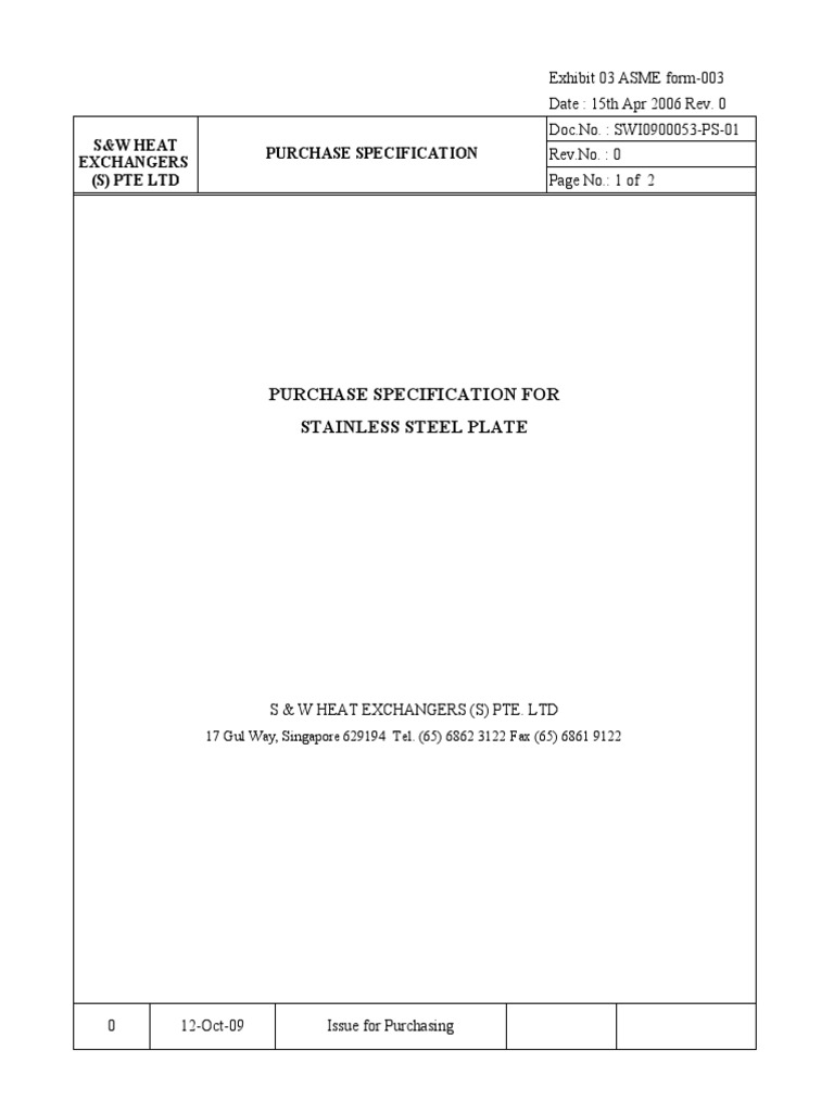 Purchase Spec. For Plates (Sa240 304L) | PDF | Specification (Technical ...