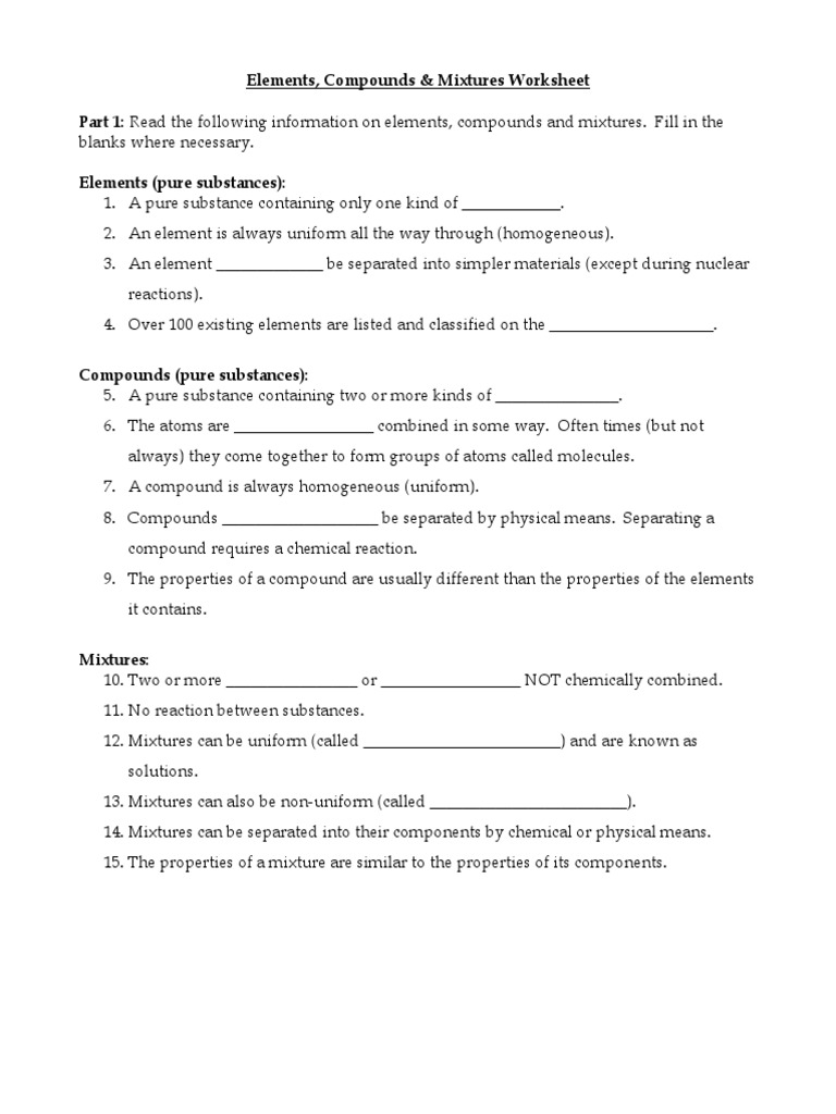 Classifying Elements, Compounds and Mixtures | PDF | Chemical ...