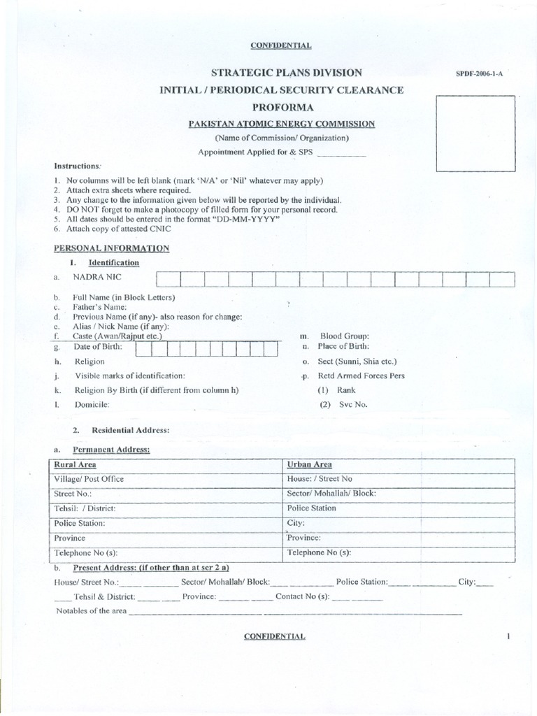 SPD Initial Periodical Security Clearance Porforma | PDF