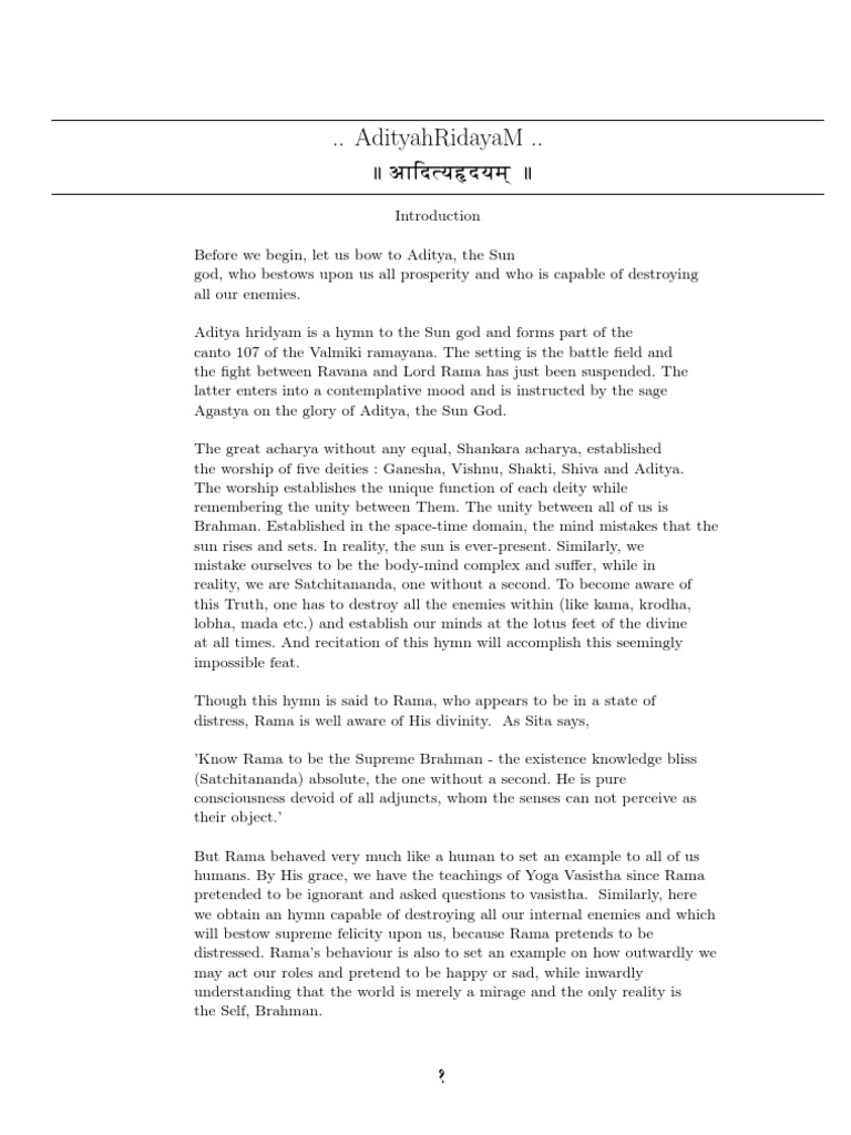 Aditya Hriday Stotram | PDF | Rama | Ramayana