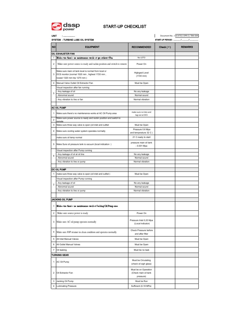 Oil System Start-Up Checklist | PDF | Pump | Valve