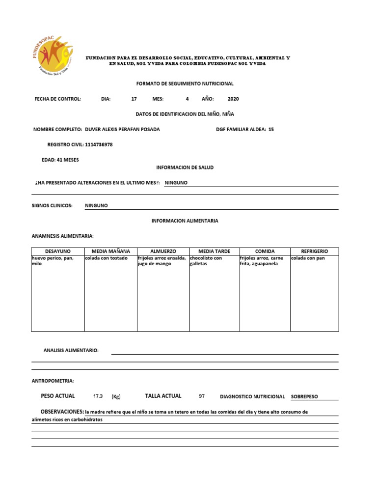 Formato de Seguimiento Nutricional Duver Alexis Perafan Posada | PDF ...