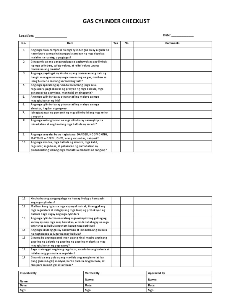 GAS CYLINDER Inpection CHECKLIST | PDF