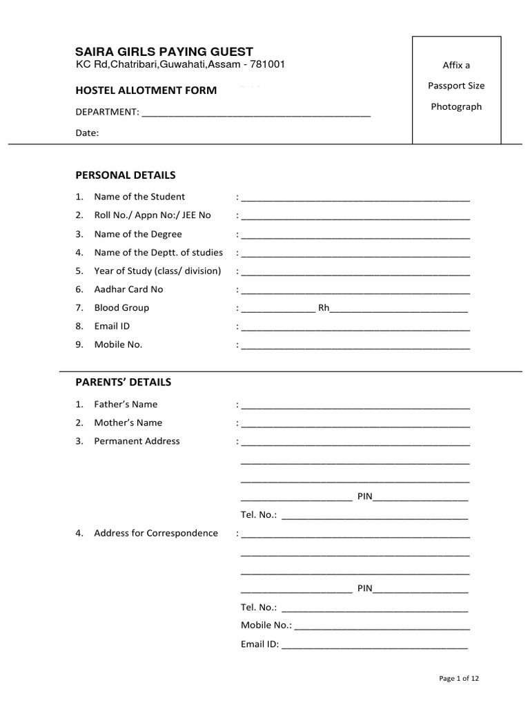 Hostel Allotment Form 2017-18: Saira Girls Paying Guest | PDF | Career ...
