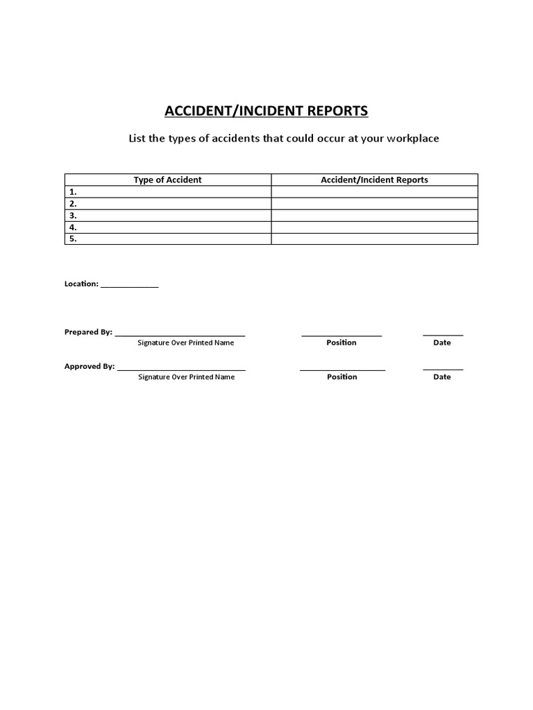 Accident/Incident Reports: List The Types of Accidents That Could Occur ...