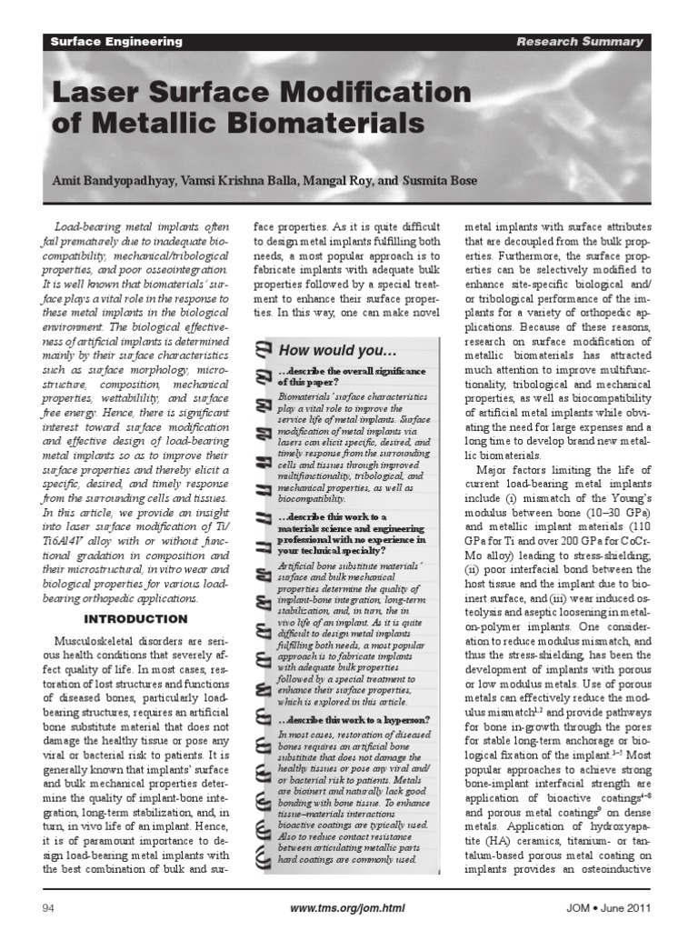 Laser Treatment For Bio Materials | PDF | Dental Implant | Wear