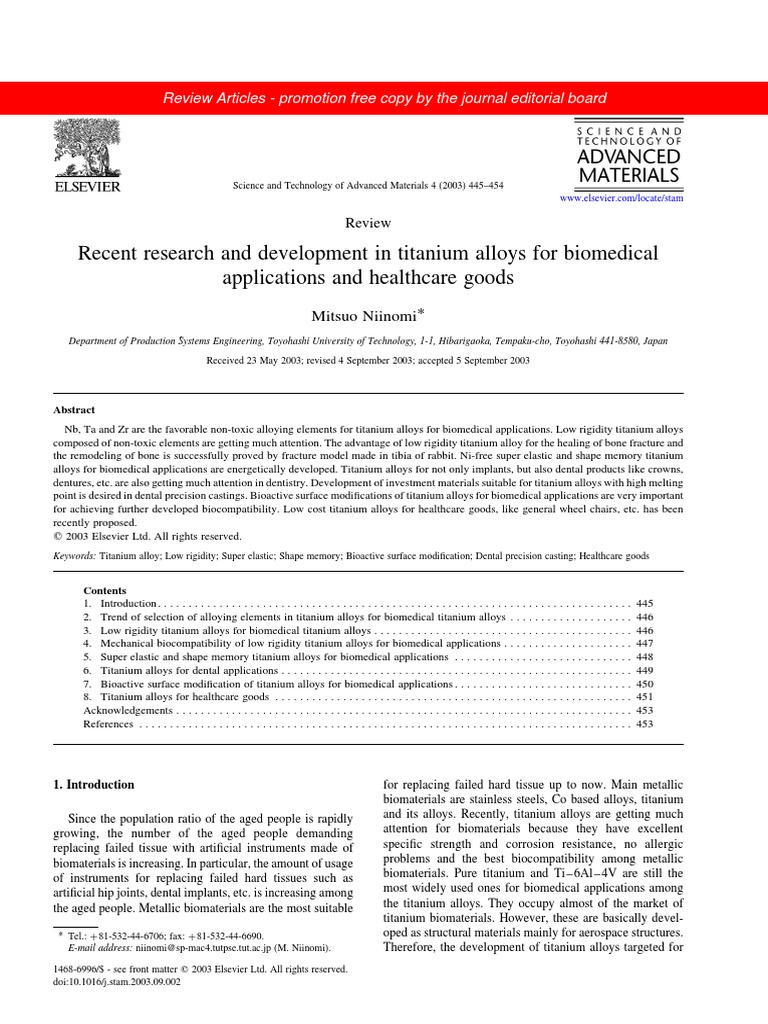Titanium Alloys For Biomedical | PDF | Titanium | Shape Memory Alloy