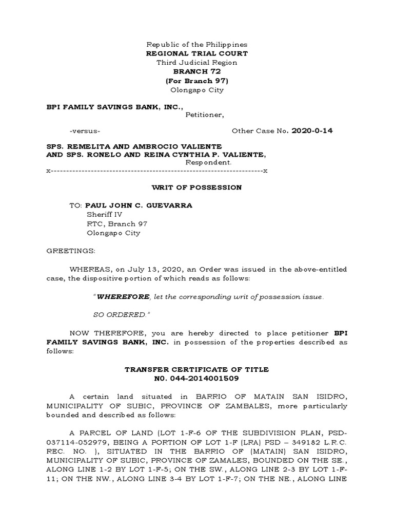 Writ of Possession Oc - 2020-0-14 (Bpi) | PDF | Courts | Constitutional Law