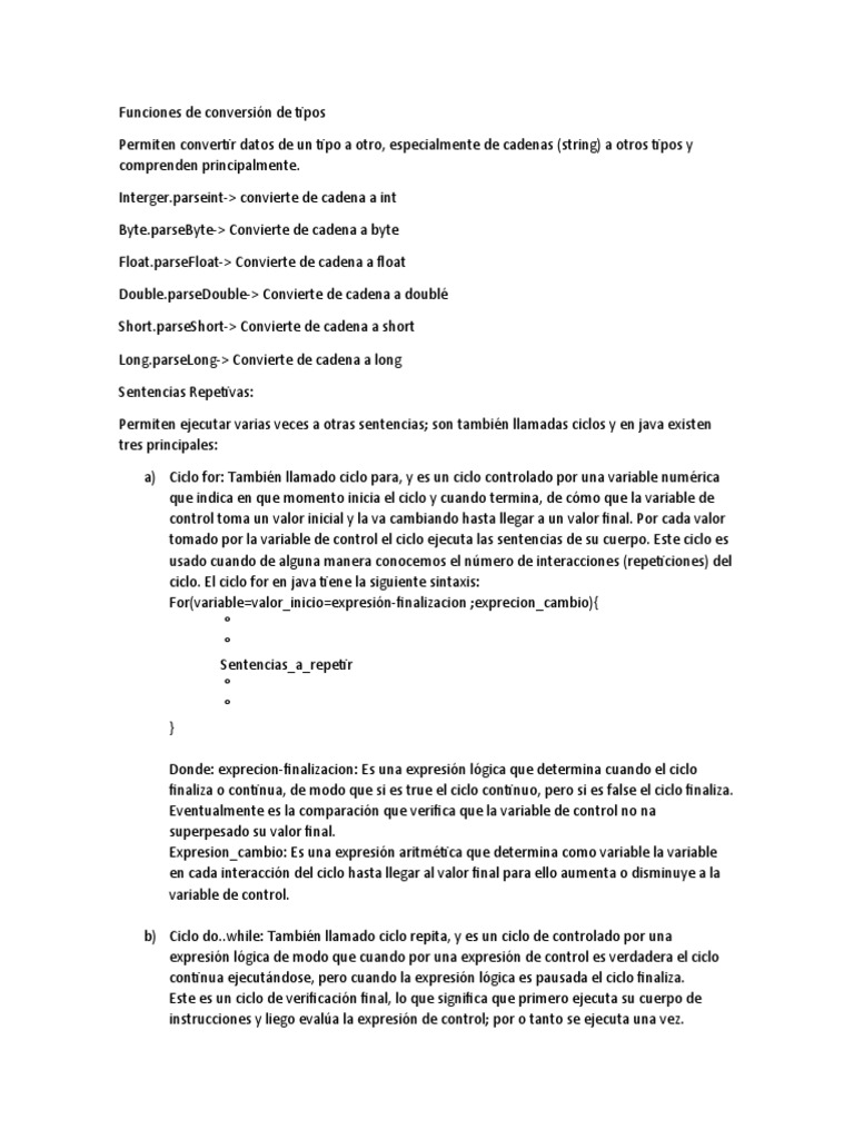 Funciones de Conversión de Tipos | PDF | Java (lenguaje de programación) | Ingeniería de software
