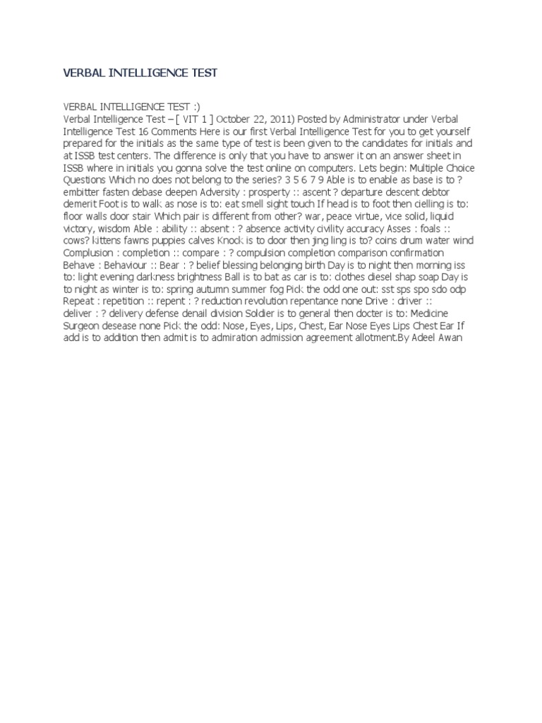 VERBAL INTELLIGENCE TEST For Issb | PDF | Language Arts & Discipline