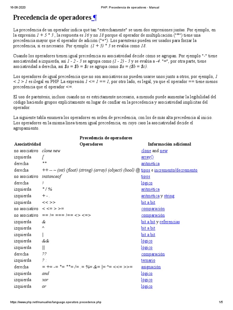 PHP - Precedencia de Operadores - Manual PDF | PDF | Notación | Números