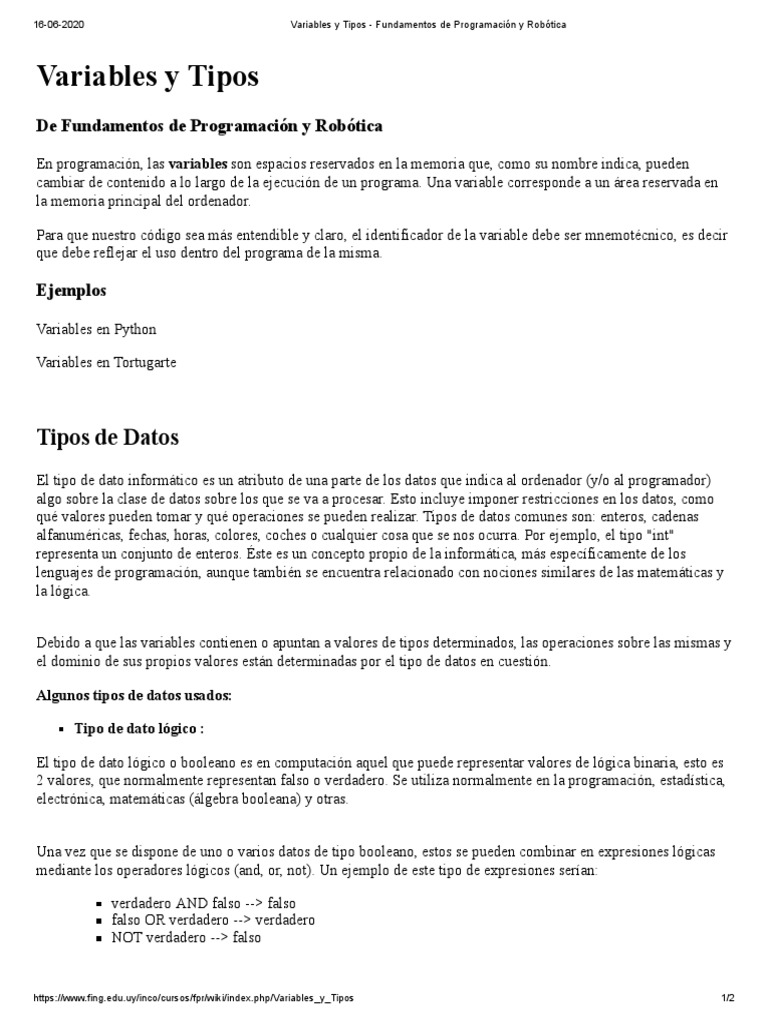 Variables y Tipos - Fundamentos de Programación y Robótica PDF | PDF ...