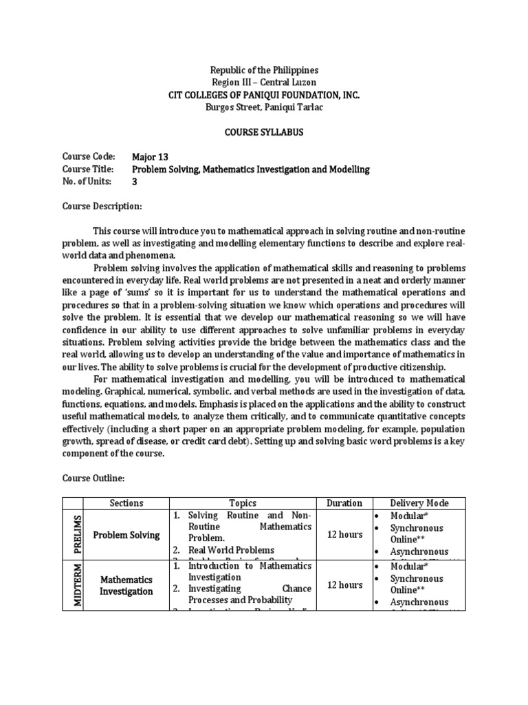 Problem Solving, Mathematics Investigation and Modelling Course Syllabus | PDF | Function ...
