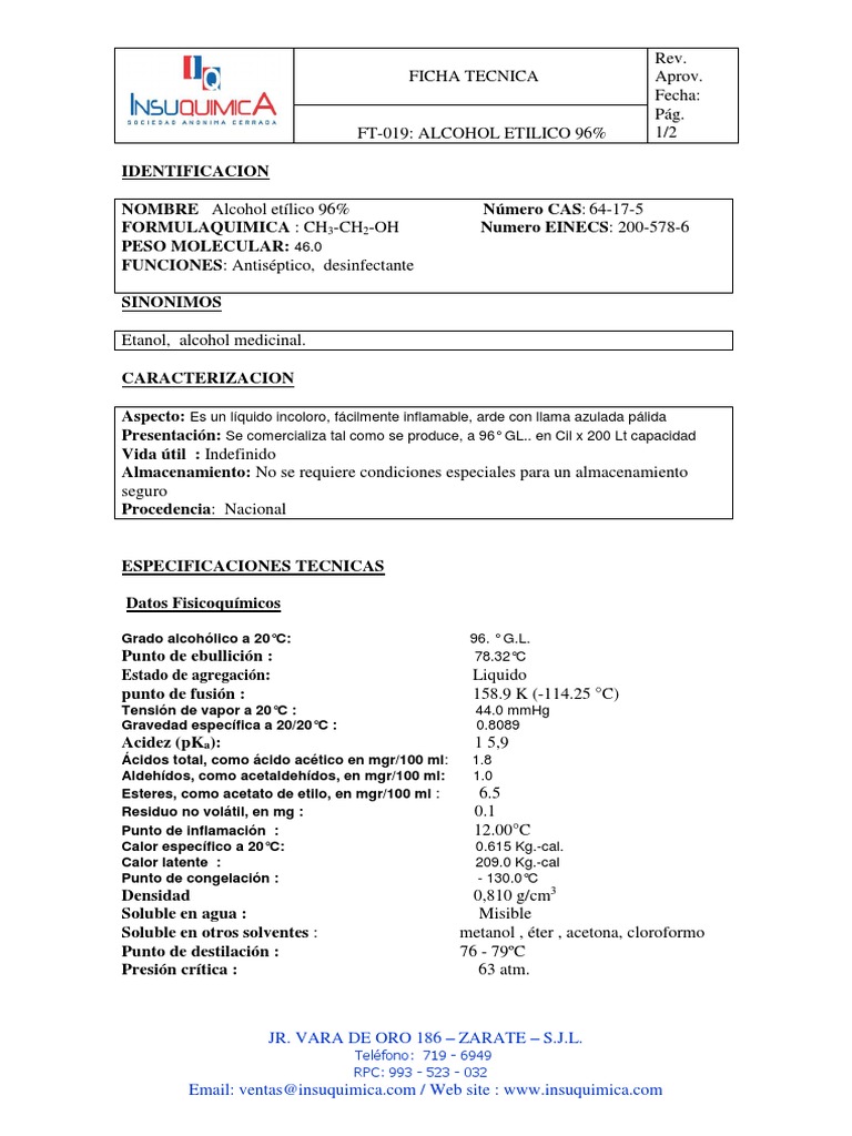 Alcohol Etilico 96%. | PDF | Etanol | Compuestos químicos