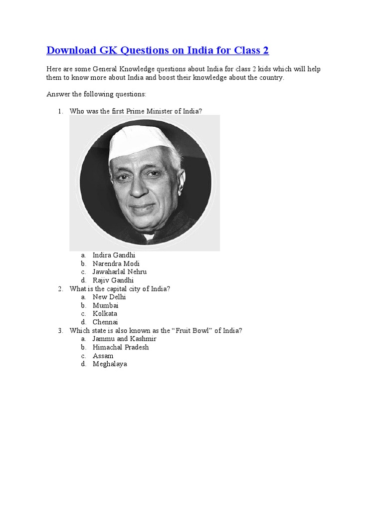 GK Questions On India For Class 2 | PDF | Religion And Belief