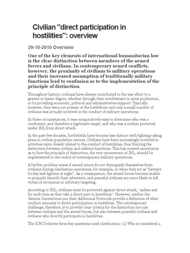 Civilian Direct Participation in Hostilities-Overview | PDF | Civilian ...