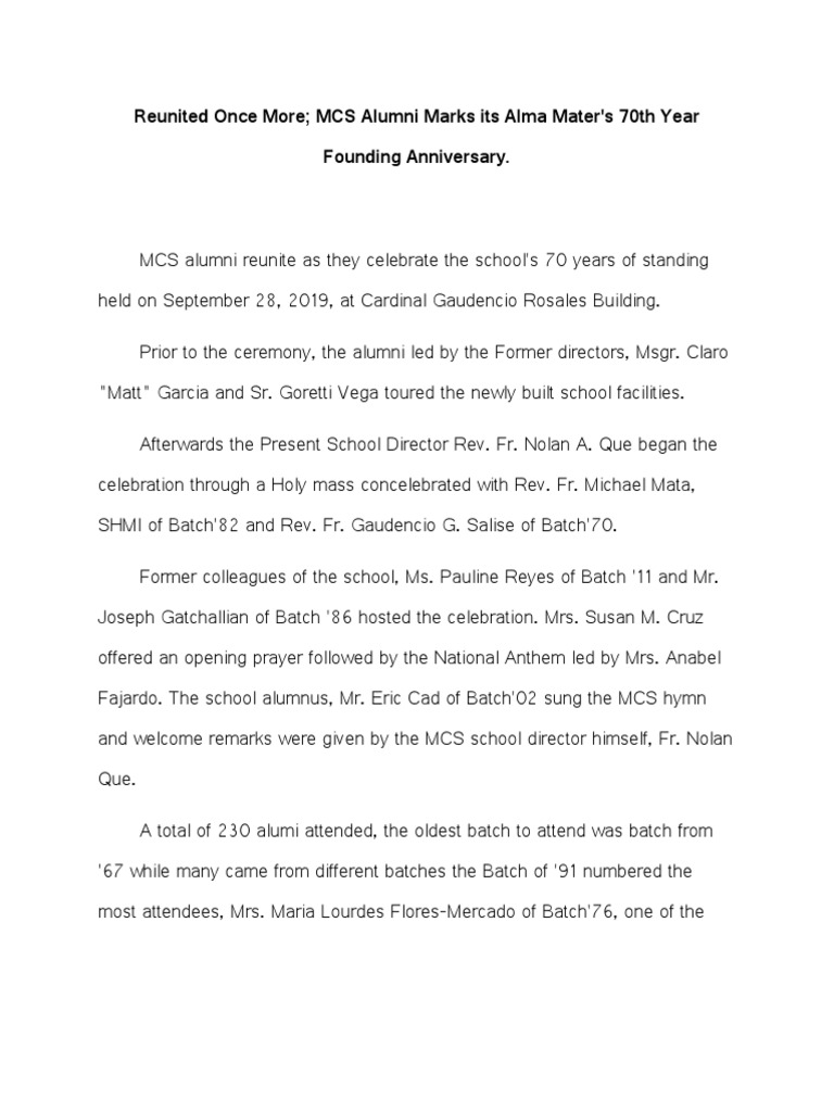 Reunited Once More MCS Alumni Marks Its Alma Mater's 70th Year Founding ...