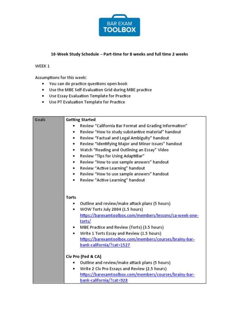 10-Week Study Schedule - Part-Time For 8 Weeks and Full Time 2 Weeks ...