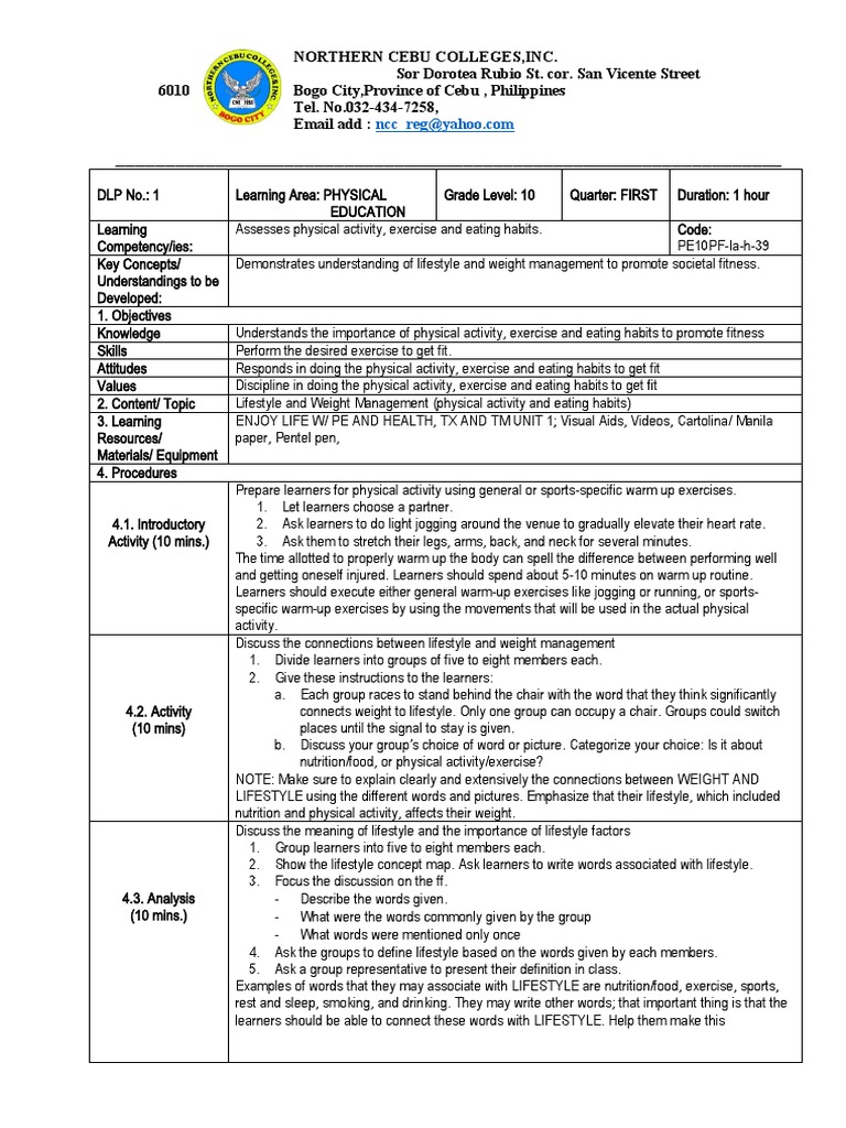 Northern Cebu Colleges PE Class Assesses Lifestyle Habits | PDF ...