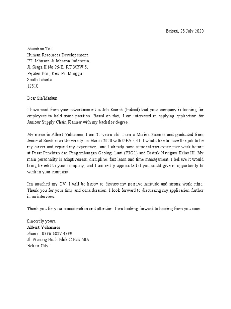 Cover Letter Pt. Johnson & Johnson Indonesia | PDF | Career & Growth ...