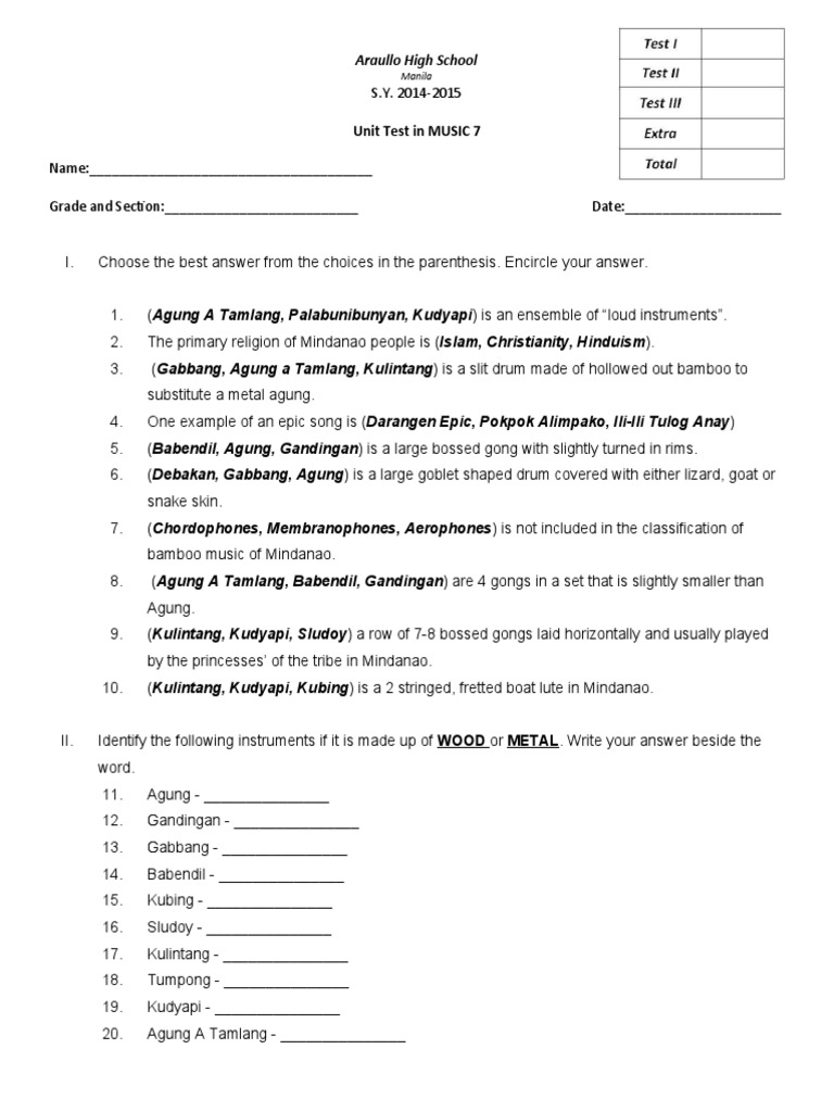 Music Unit Test: Mindanao Instruments | PDF | Musical Instruments ...