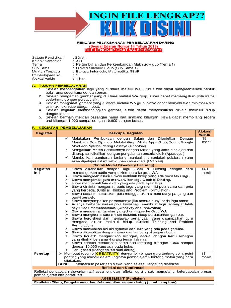 Contoh RPP Daring Kelas 3 SD Format 1 Lembar | PDF
