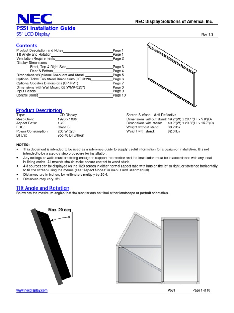 P551 Installation Guide: 55" LCD Display | PDF | Computer Monitor ...
