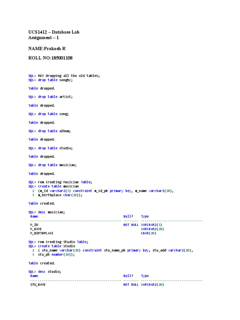UCS1412 - Database Lab Assignment - 1 NAME:Prakash R ROLL NO:185001108 | Download Free PDF ...