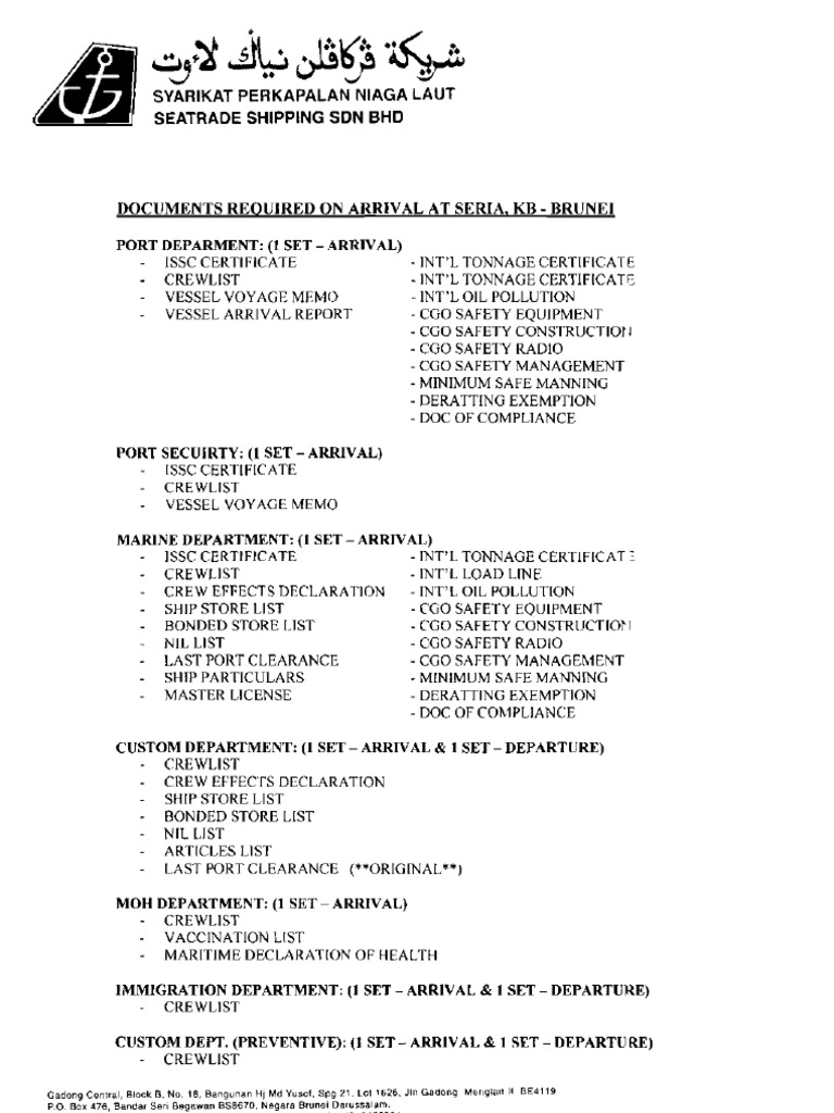 Shipping Arrival Document Checklist | PDF | Water Transport | Ships