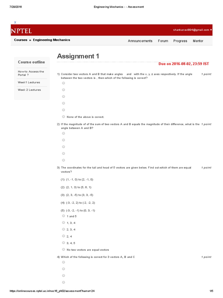 Engineering Mechanics - Assessment1 | PDF | Euclidean Vector | Force