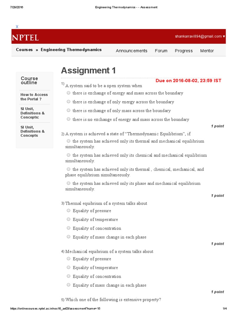 Engineering Thermodynamics - Assessment | PDF | Thermodynamics ...