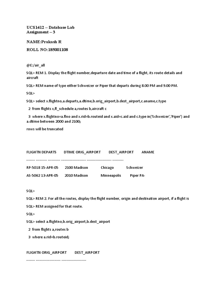 UCS1412 - Database Lab Assignment - 3 NAME:Prakash R ROLL NO:185001108 ...